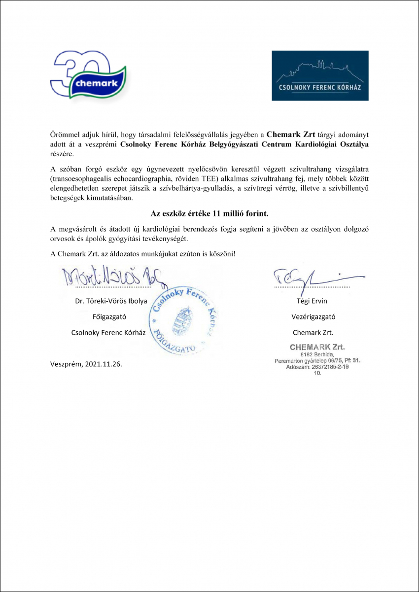 Adomány a veszprémi Csolnoky Ferenc Megyei Kórház részére | Chemark